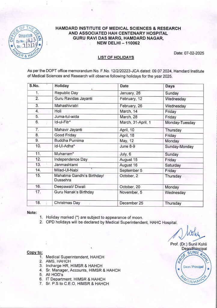 List of Holidays-2025 - Hamdard Institute of Medical Sciences ...